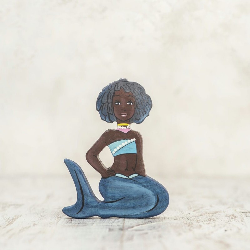 Wooden Afro Mermaid with blue tail - WoodenCaterpillar Toys
